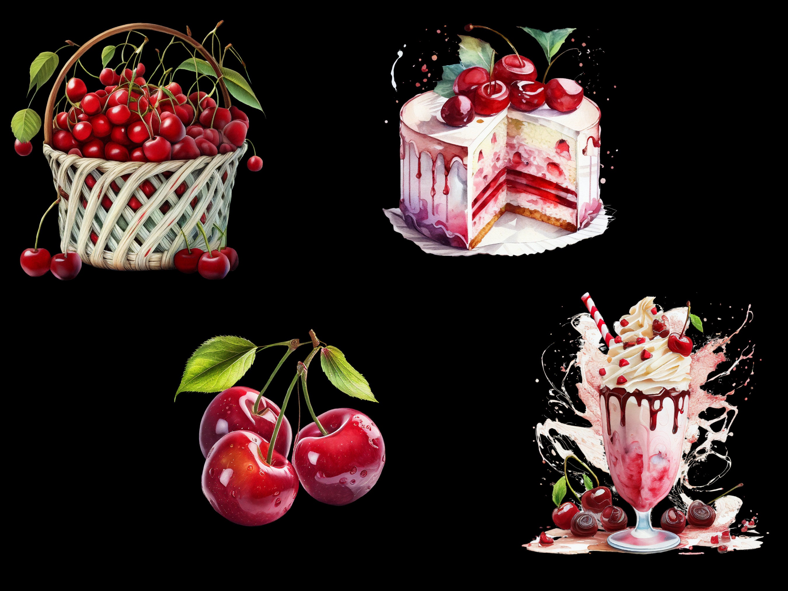 Watercolor Cherry Clipart Bundle Cherry Digital Images Cherry Graphics ...