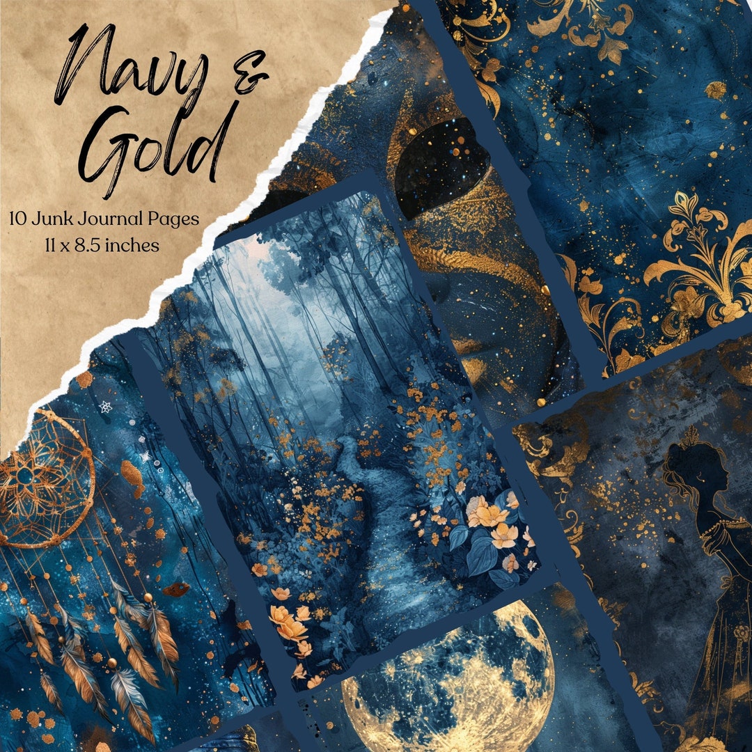 Navy and Gold Junk Journal Page Bundle | Navy and Gold Journal Pages ...