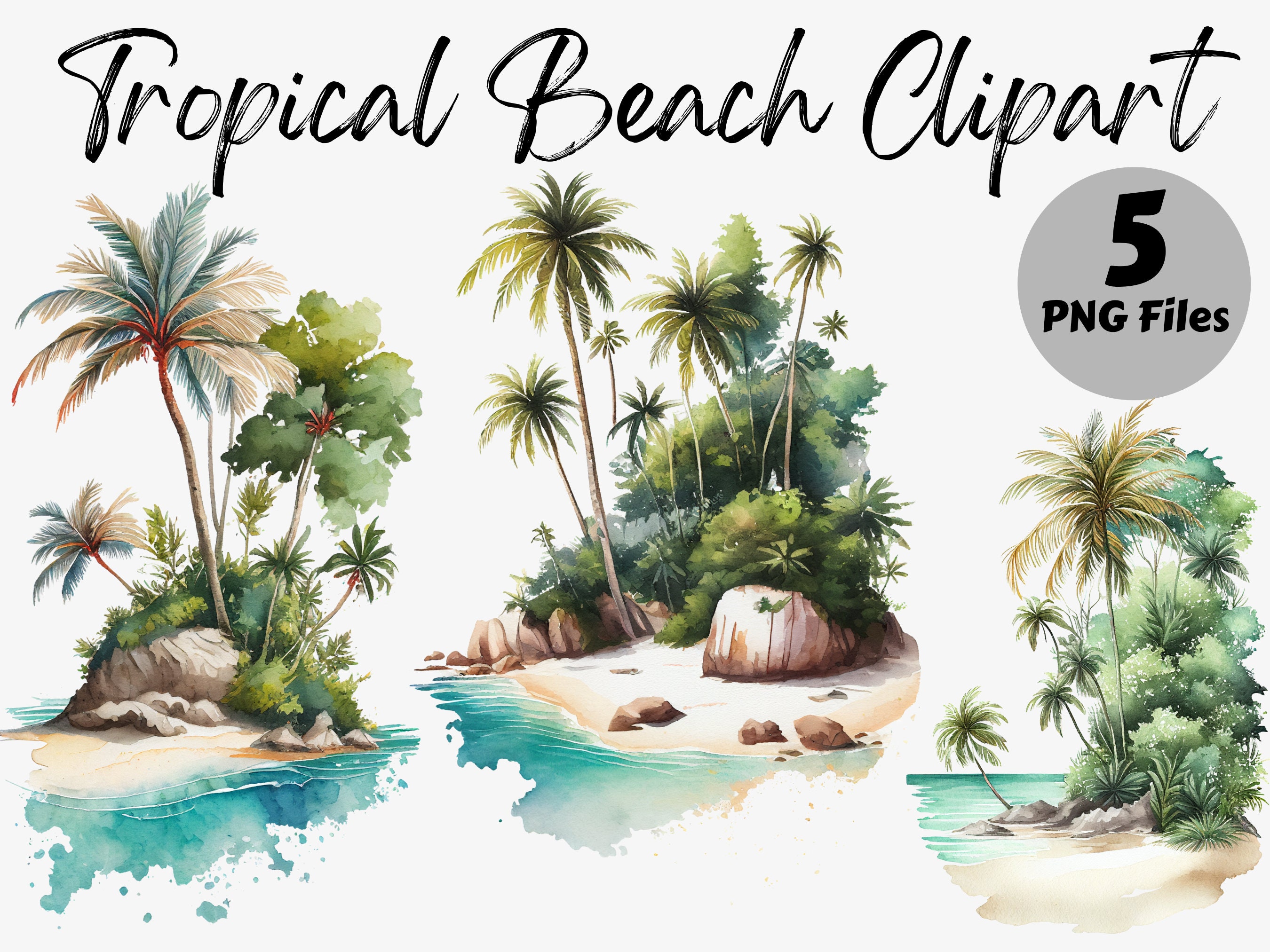 Watercolor Tropical Beach Clipart Bundle Tropical Beach Digital Images ...