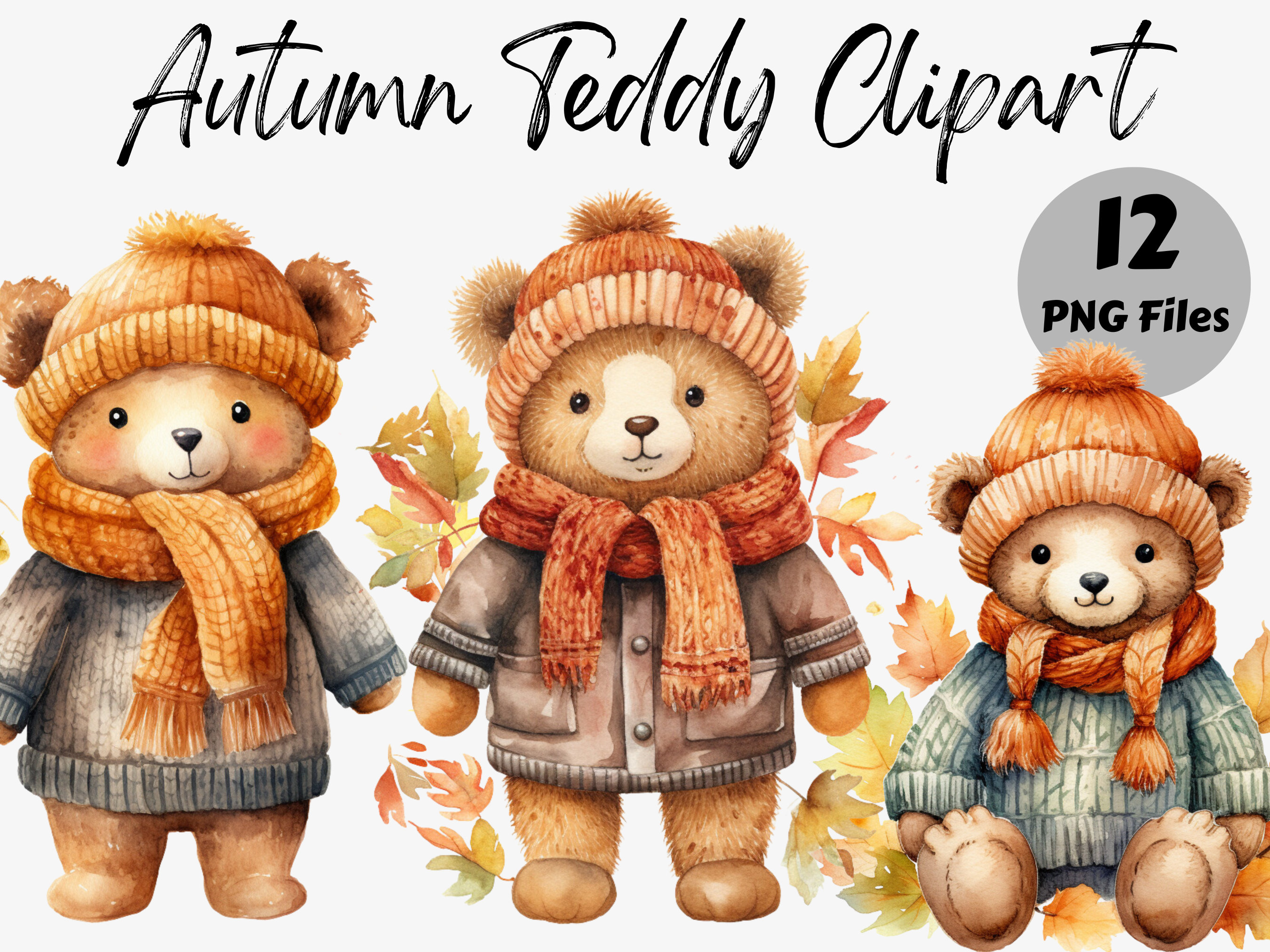 Watercolor Autumn Teddy Bear PNG Clipart Bundle Teddy Bear Graphics ...