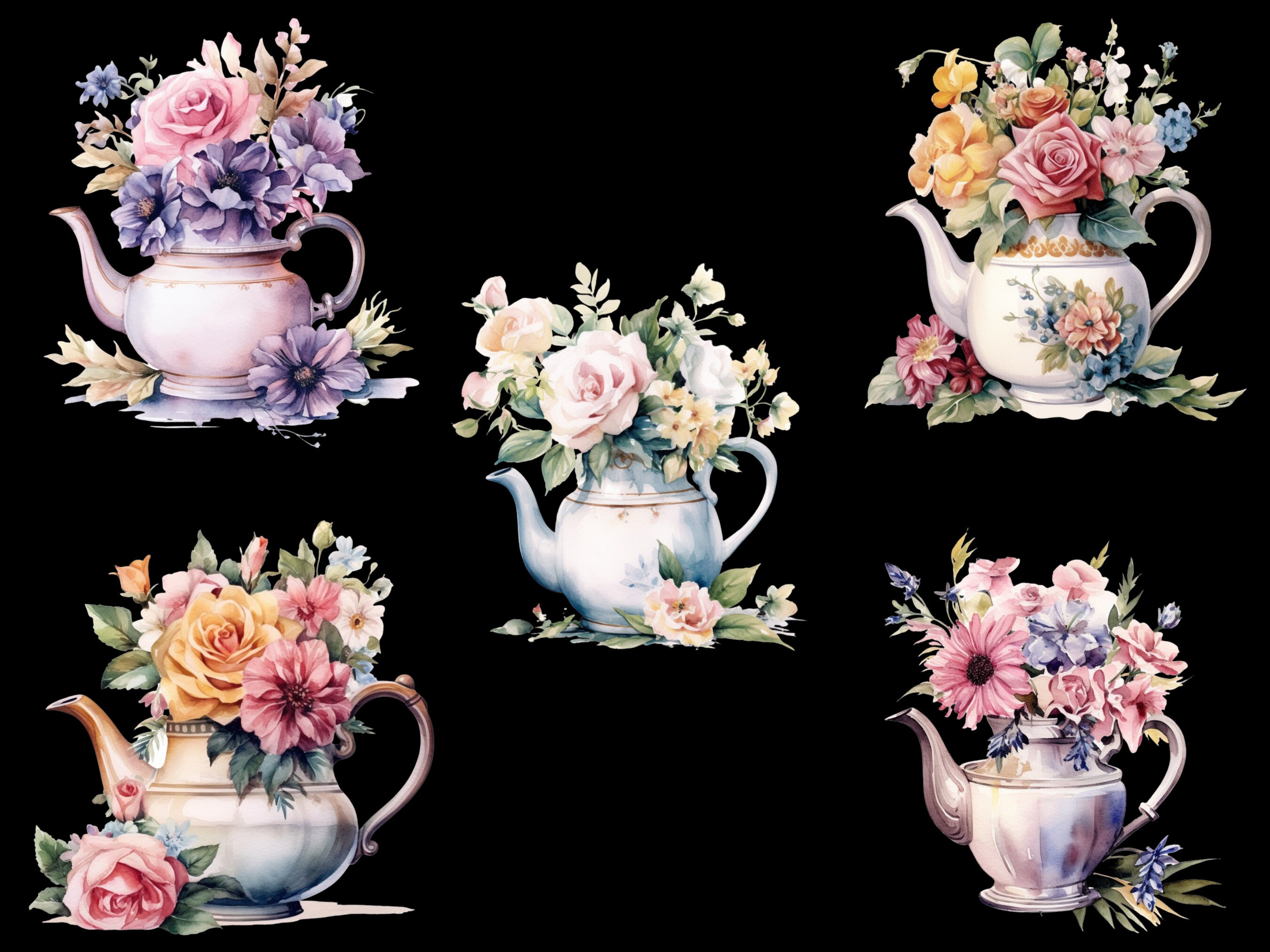 Floral Tea Pot Clipart Bundle Floral Tea Pot Sublimation Retro Tea ...