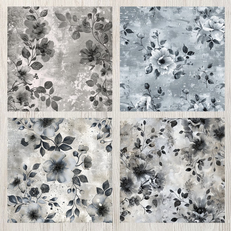 Grey Grunge Floral Digital Printable Paper Faded Shabby Chic Digital ...
