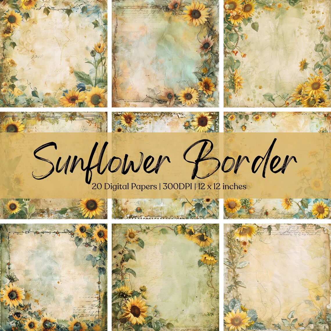 Sunflower Border Printable Digital Paper Pack | Background | Card ...