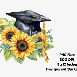 Watercolor Sunflower Graduation Cap Clipart Bundle | Graduation Digital ...