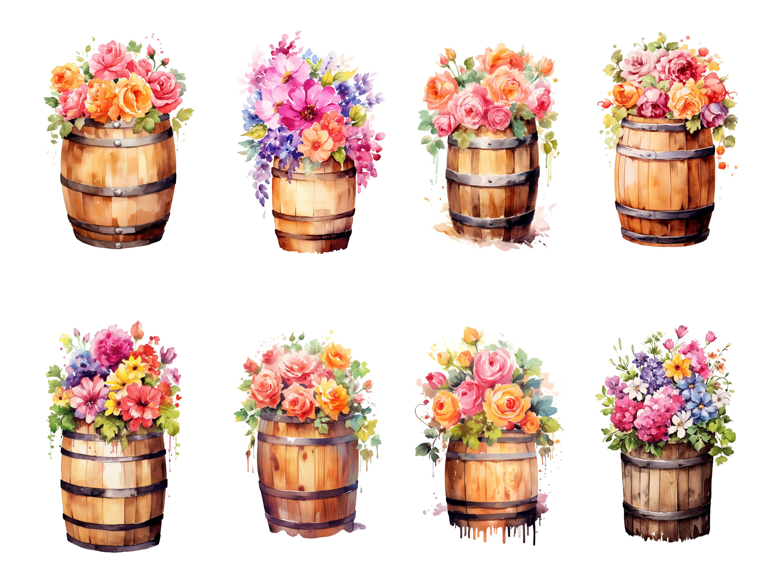 Watercolor Barrel of Flowers Clipart Bundle Floral Digital - Etsy
