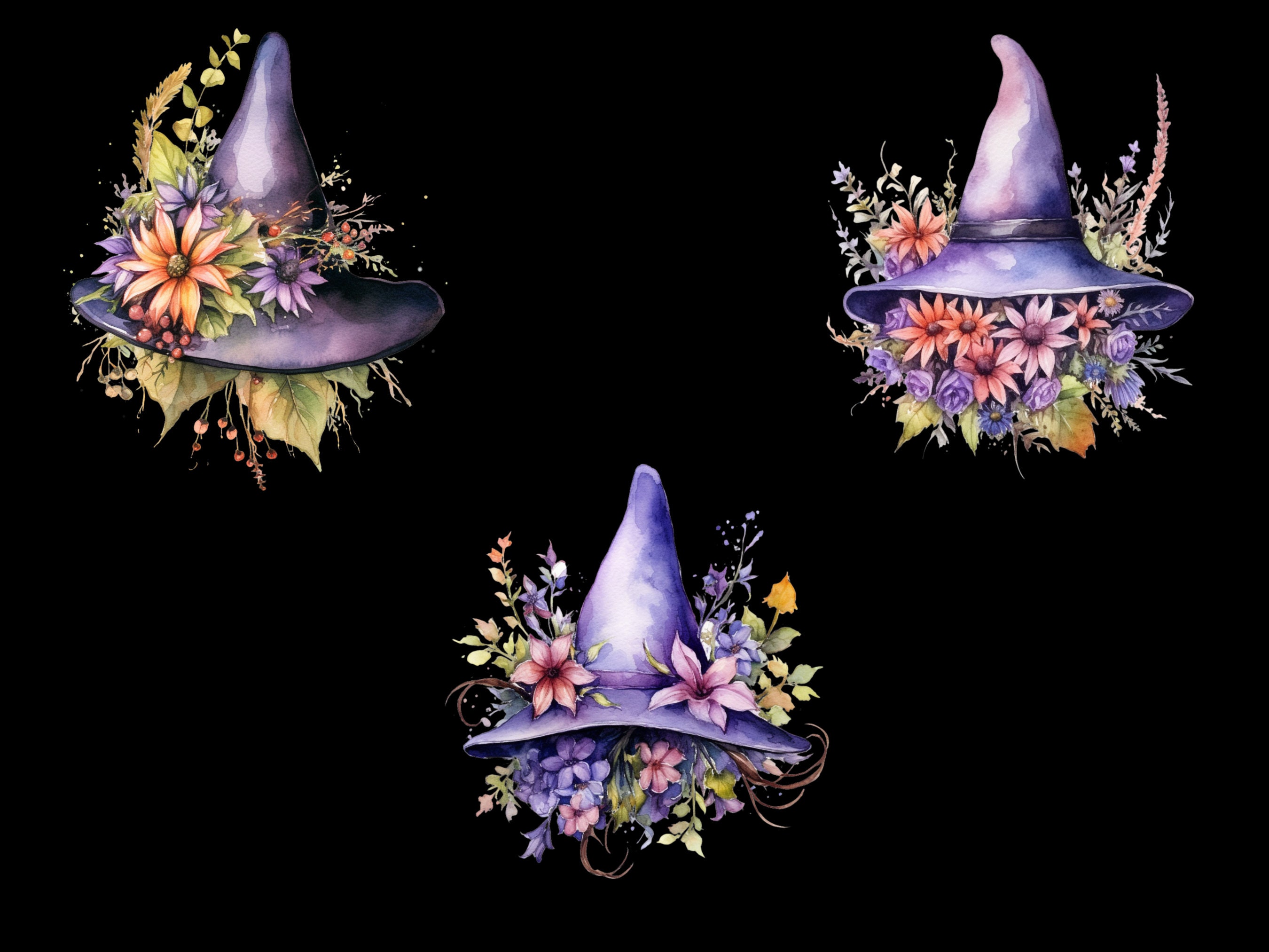 Watercolor Floral Witches Hat Clipart Bundle Floral Digital Images ...