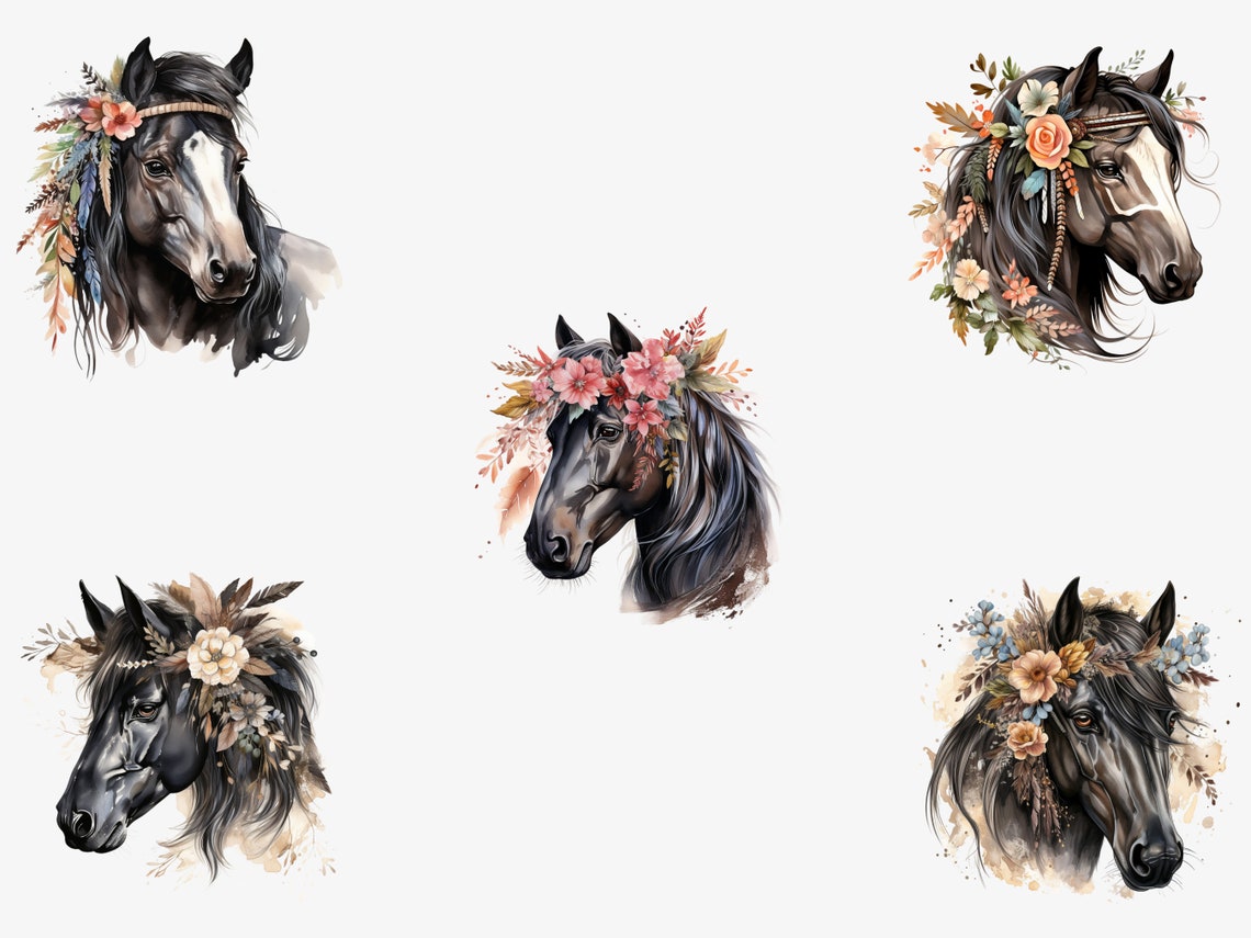 Watercolor Boho Horse PNG Clipart Bundle Bohemian Horse PNG Boho ...