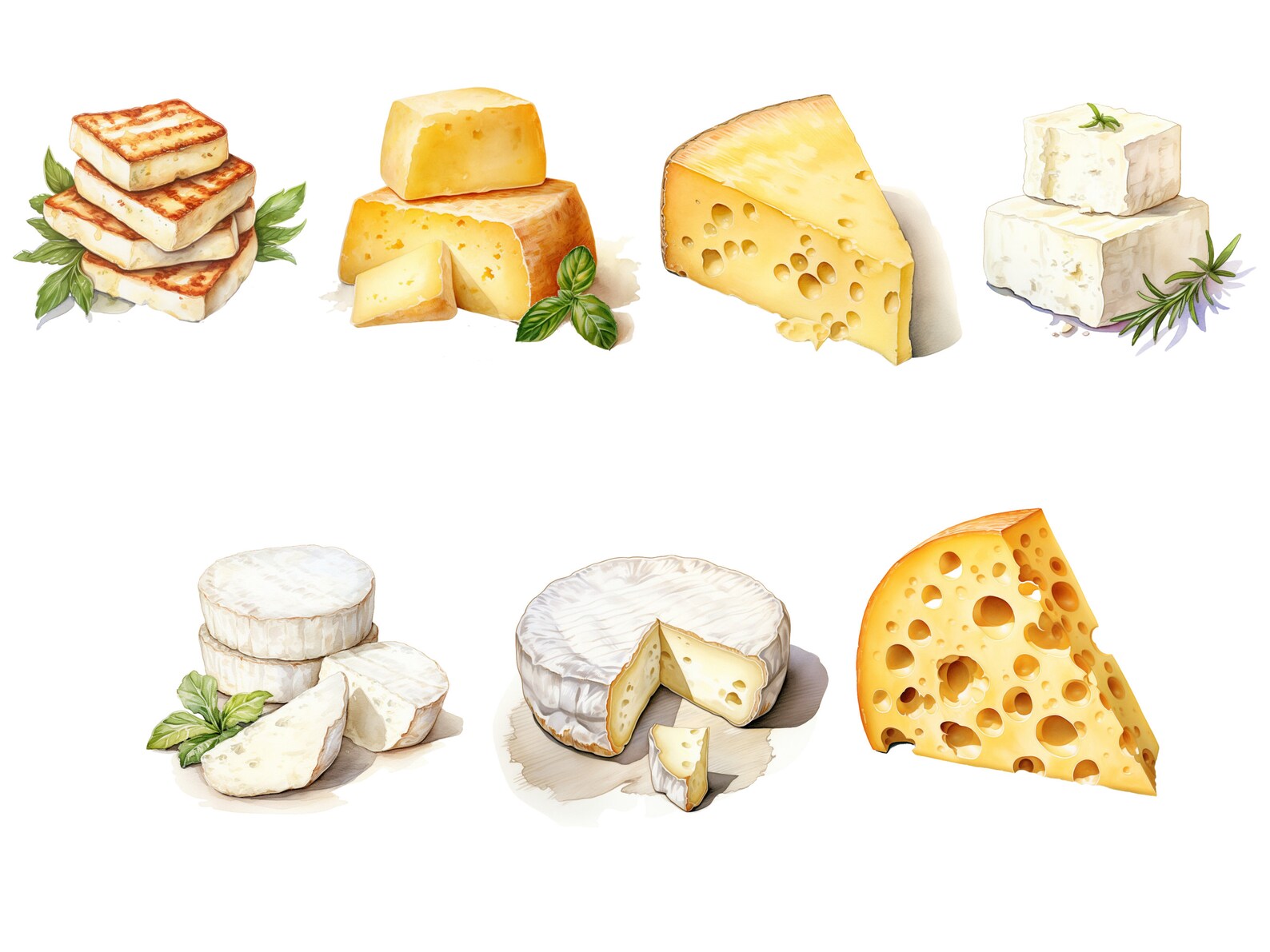 Watercolor Cheese Clipart Bundle Brie Cheddar Picnic Clipart Commercial ...