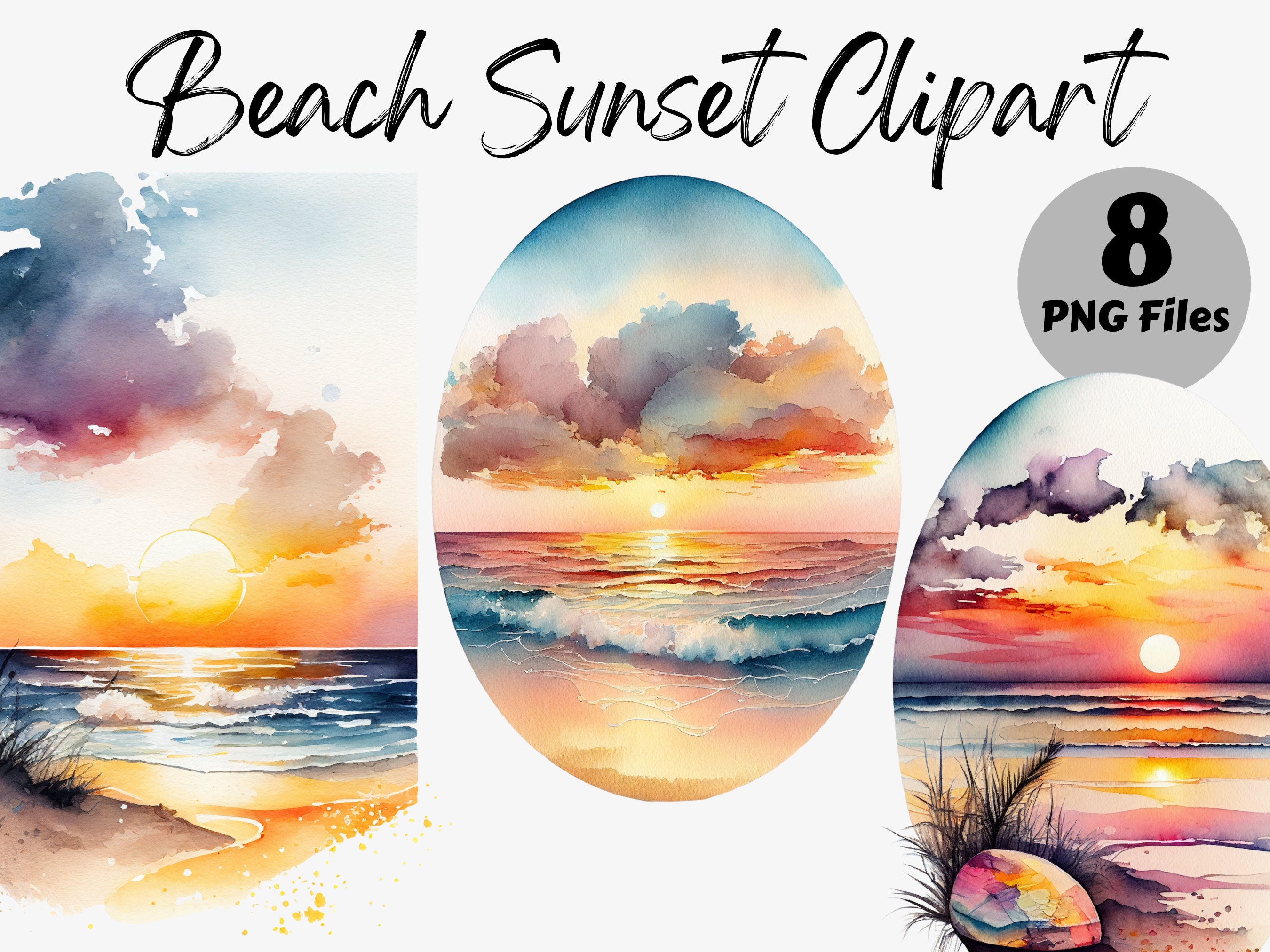 Watercolor Beach Sunset Clipart Bundle Beach Sunset Digital Images
