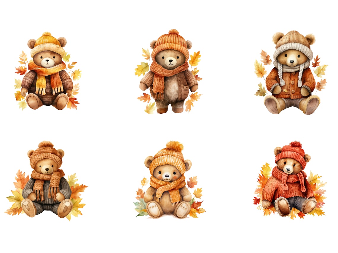 Watercolor Autumn Teddy Bear PNG Clipart Bundle Teddy Bear Graphics ...