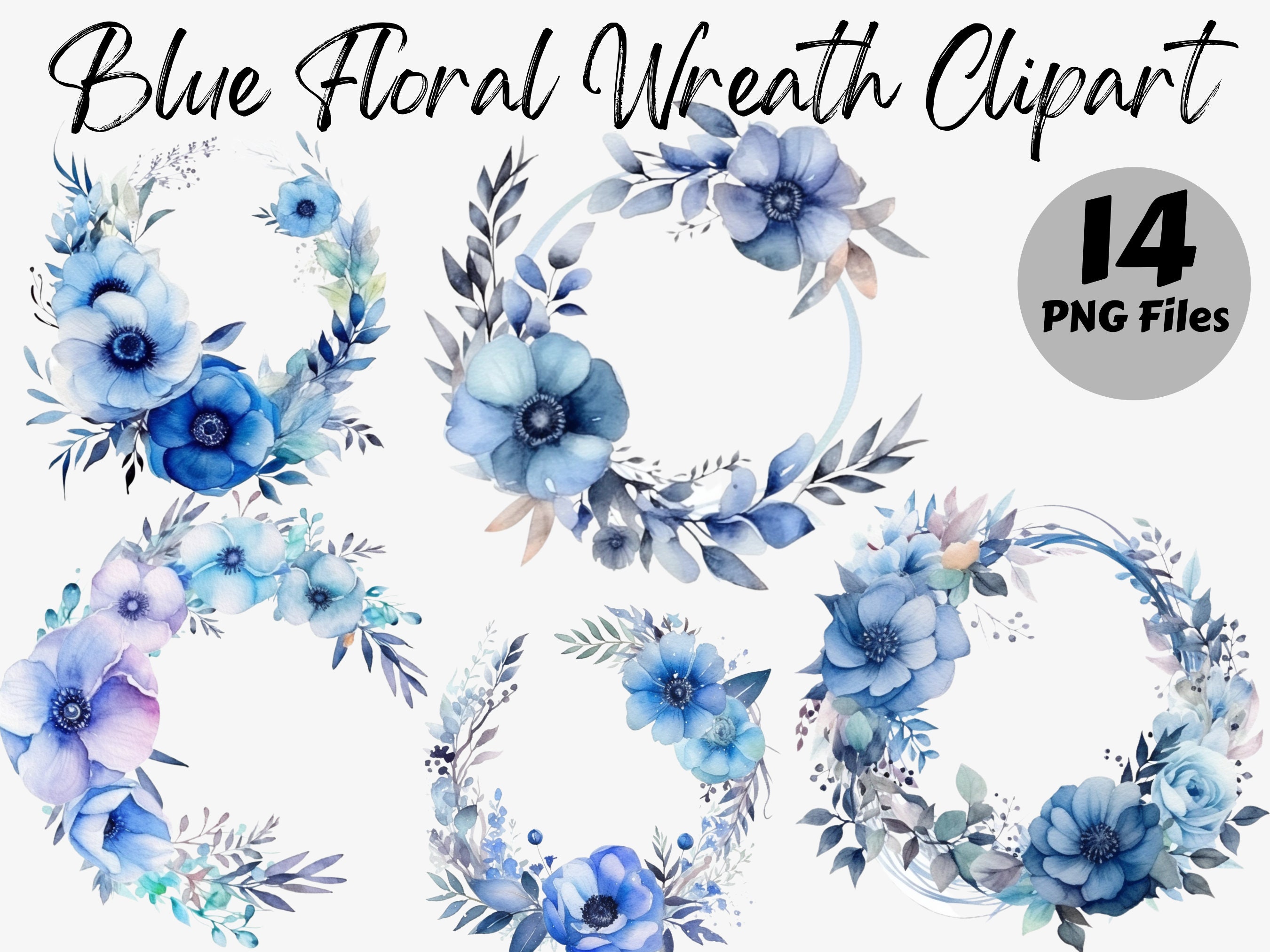 Watercolor Blue Floral Wreath Clipart Floral Wreath Digital Images ...