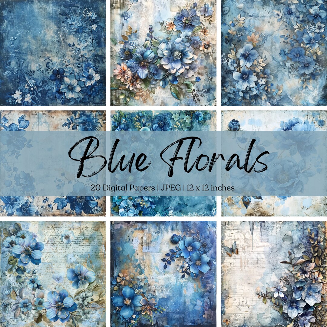 Blue Floral Printable Digital Paper Pack | Flower Background | Card ...