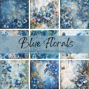 Blue Floral Printable Digital Paper Pack | Flower Background | Card ...