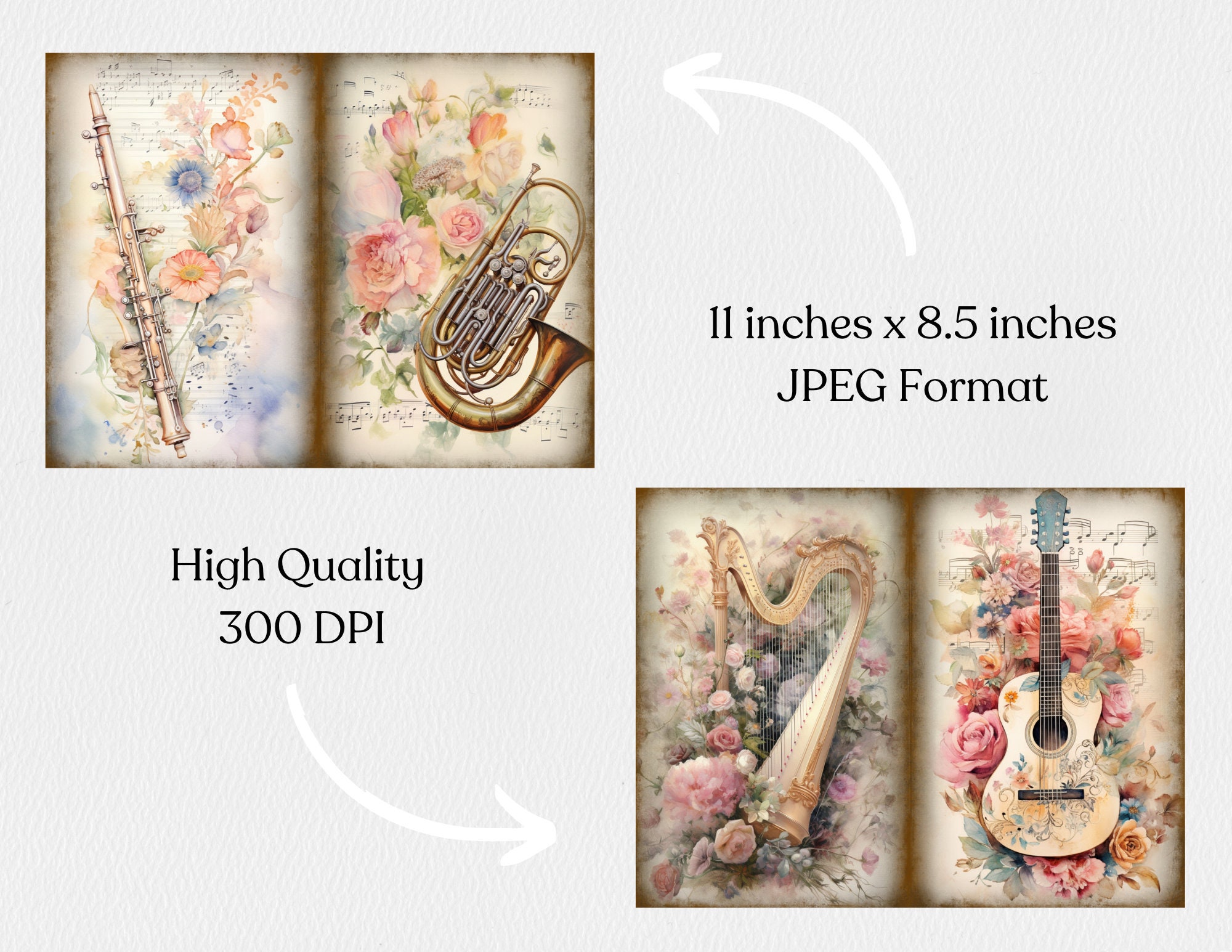 Musical Instruments Printable Paper | Junk Journal Pages | Music Notes ...