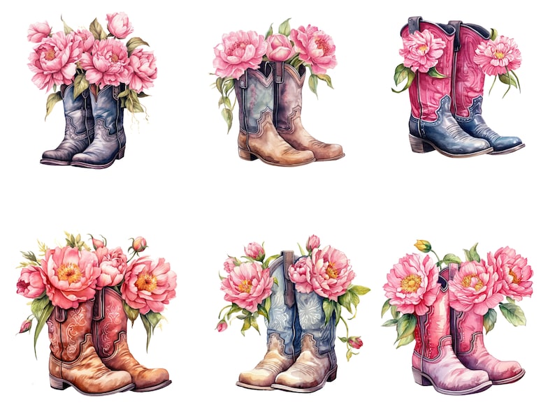 Watercolor Cowboy Boots Clipart Bundle Floral Cowboy Boot Graphics ...