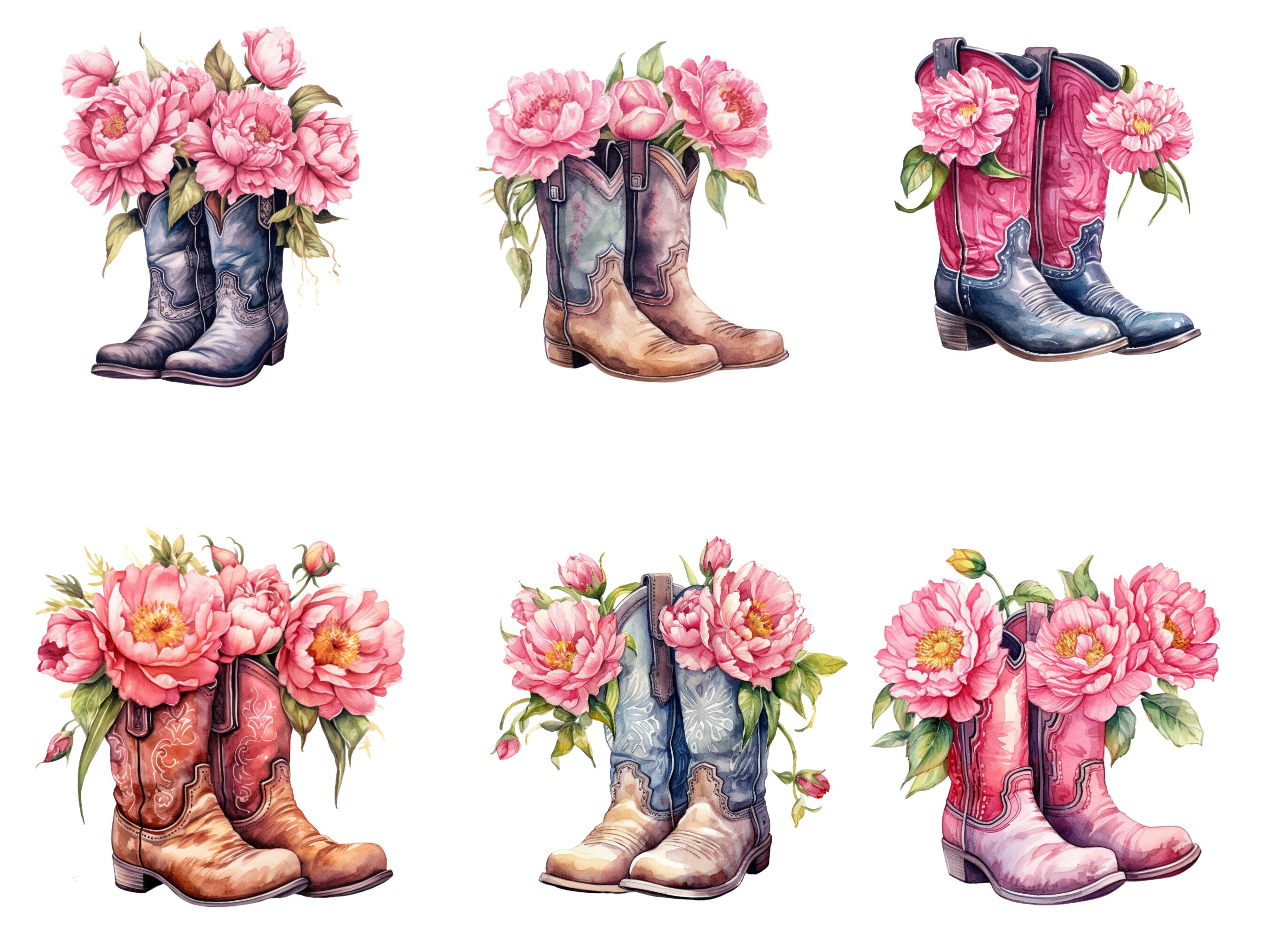 Watercolor Cowboy Boots Clipart Bundle Floral Cowboy Boot Graphics ...