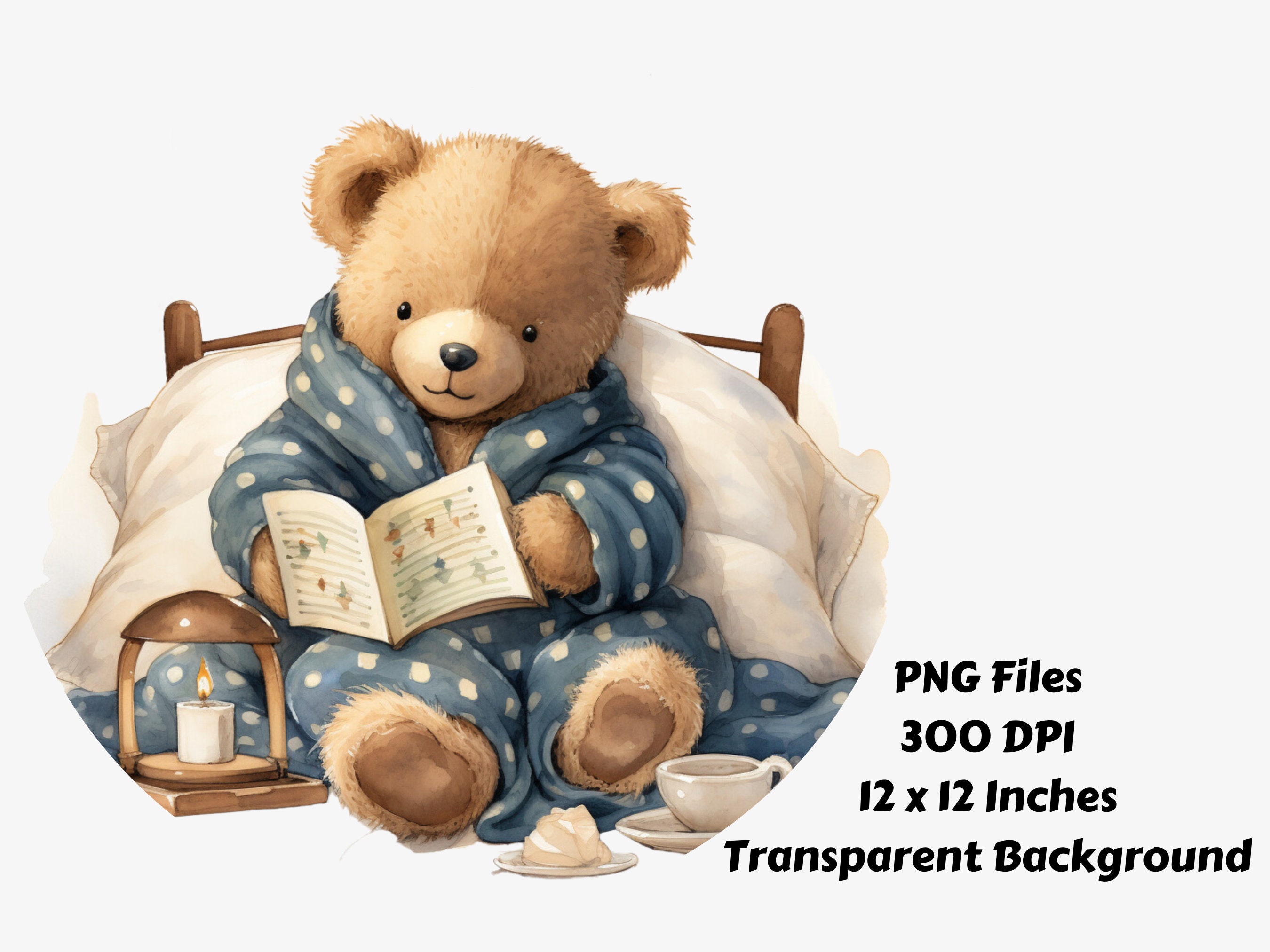 Watercolor Bedtime Teddy Bear PNG Clipart Bundle Sleepy Teddy Bear PNG ...
