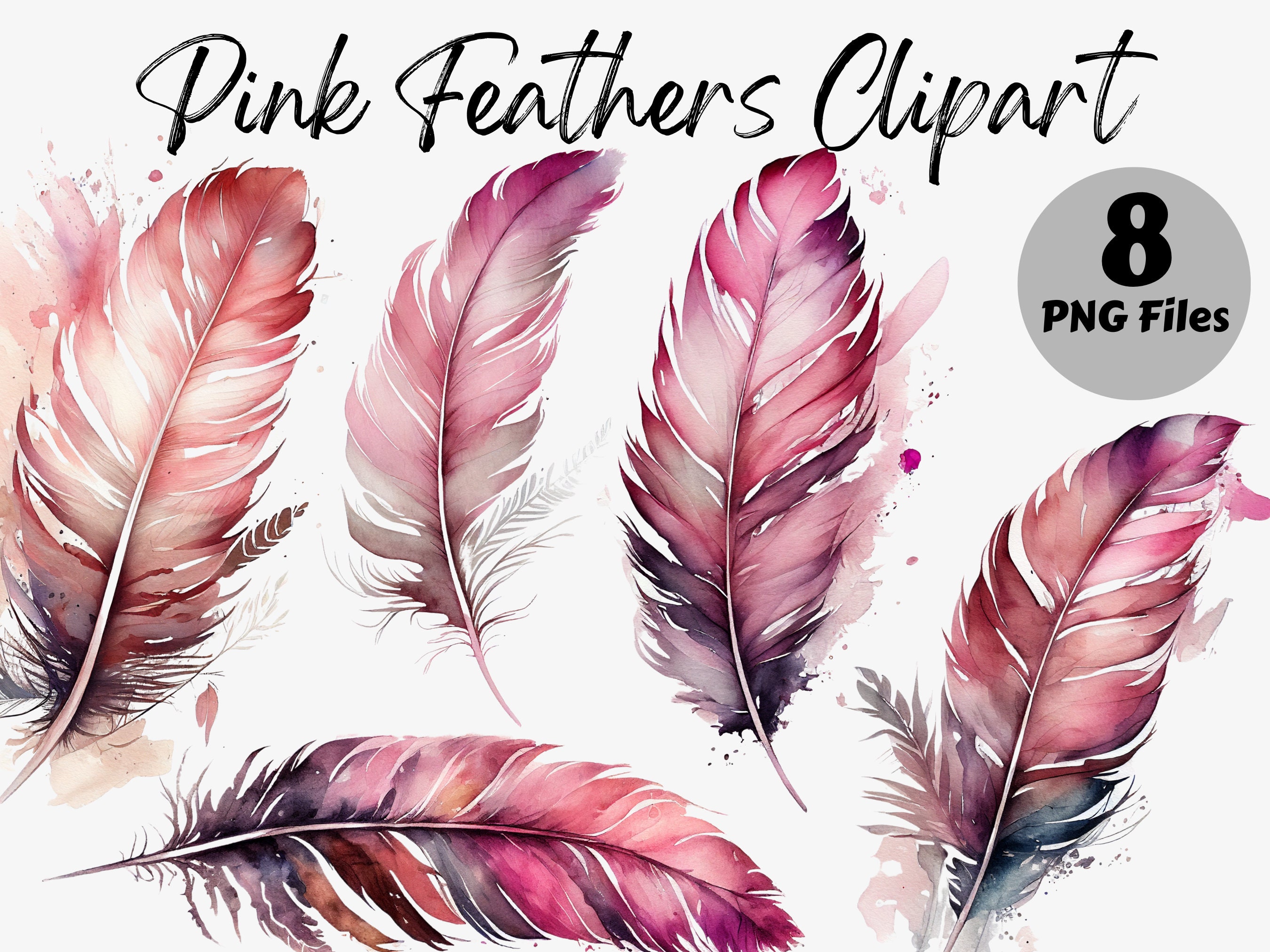 Watercolor Pink Feather Clipart Bundle Feather Digital Images Pink ...