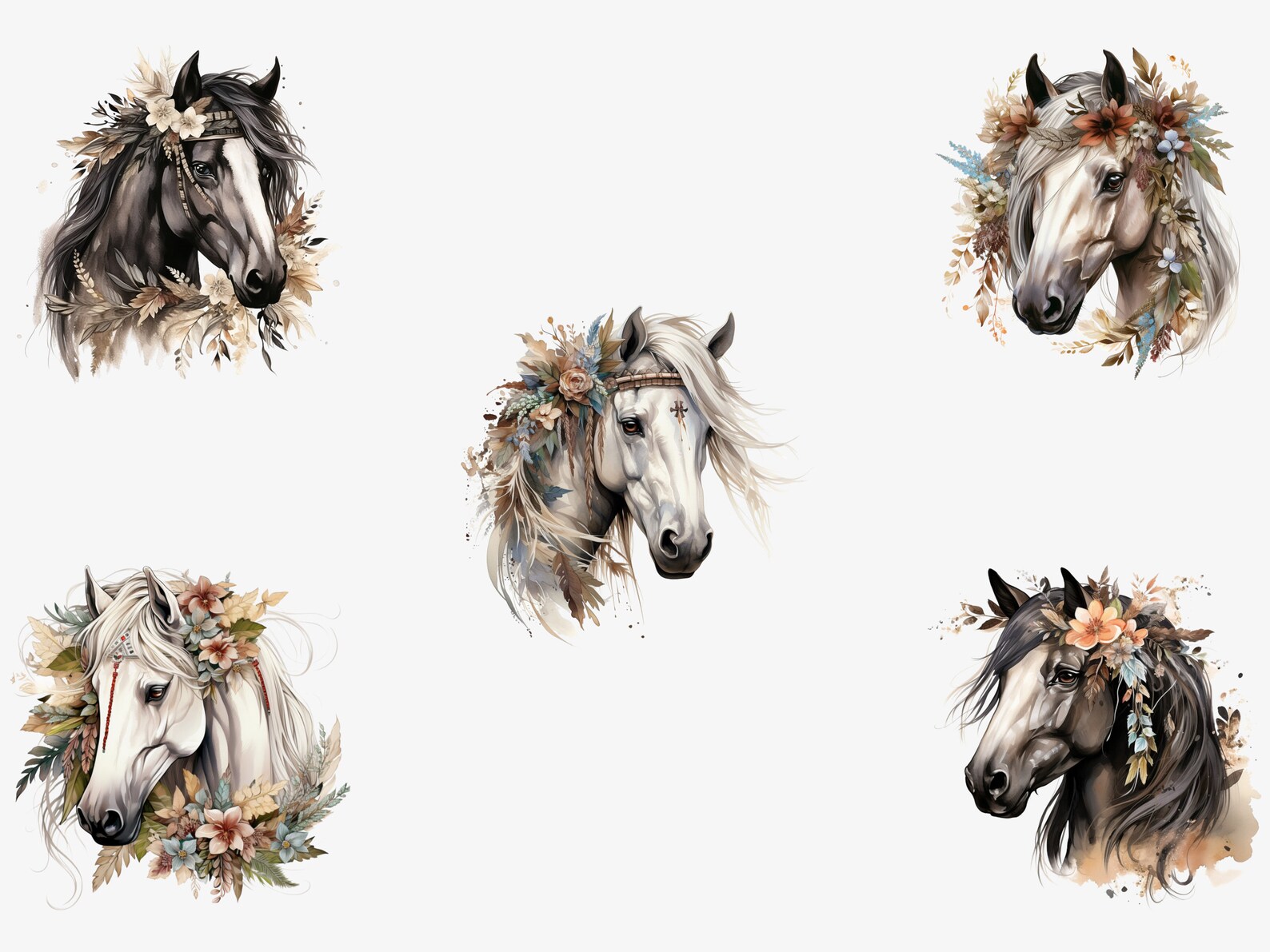 Watercolor Boho Horse PNG Clipart Bundle Bohemian Horse PNG Boho ...