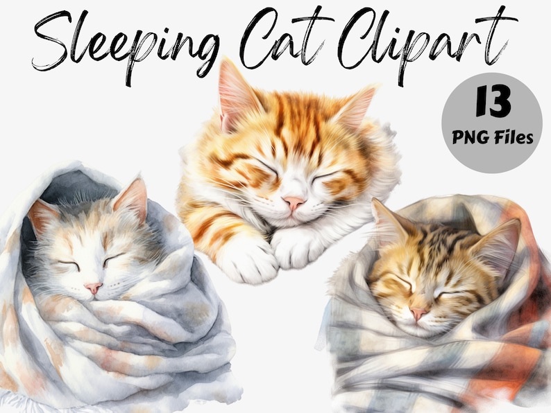 Watercolor Sleeping Cat Clipart Bundle Watercolor Cat PNG Cute Kitten ...