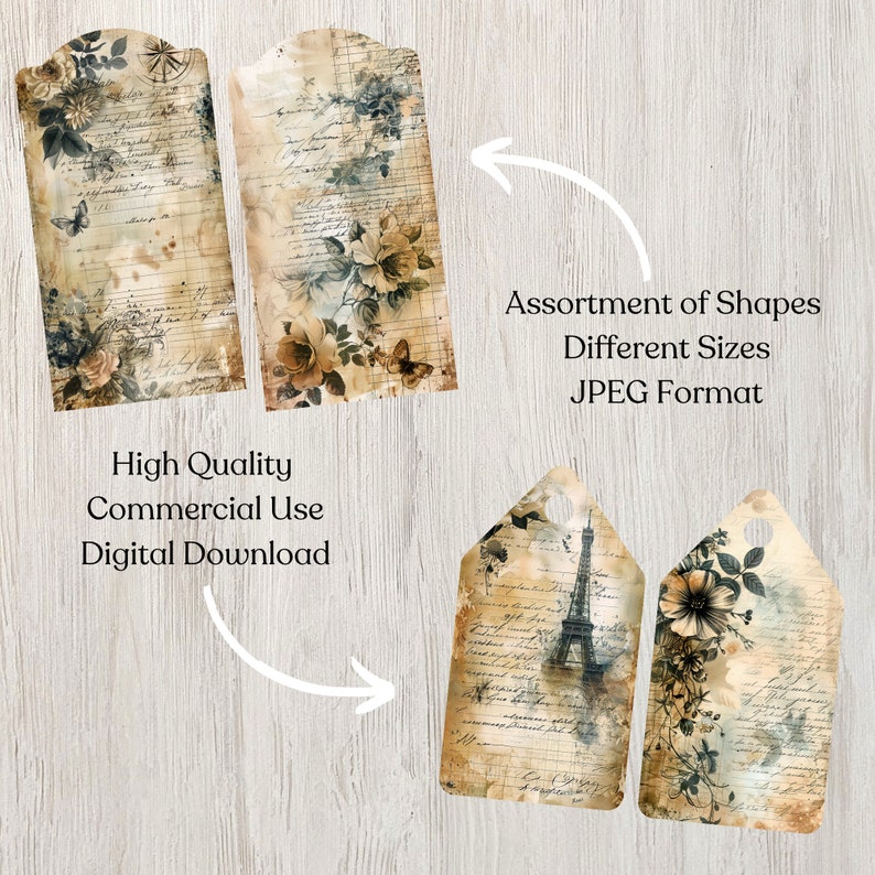 Vintage Script Junk Journal Tag Kit Script Printable Tag Vintage Paper ...