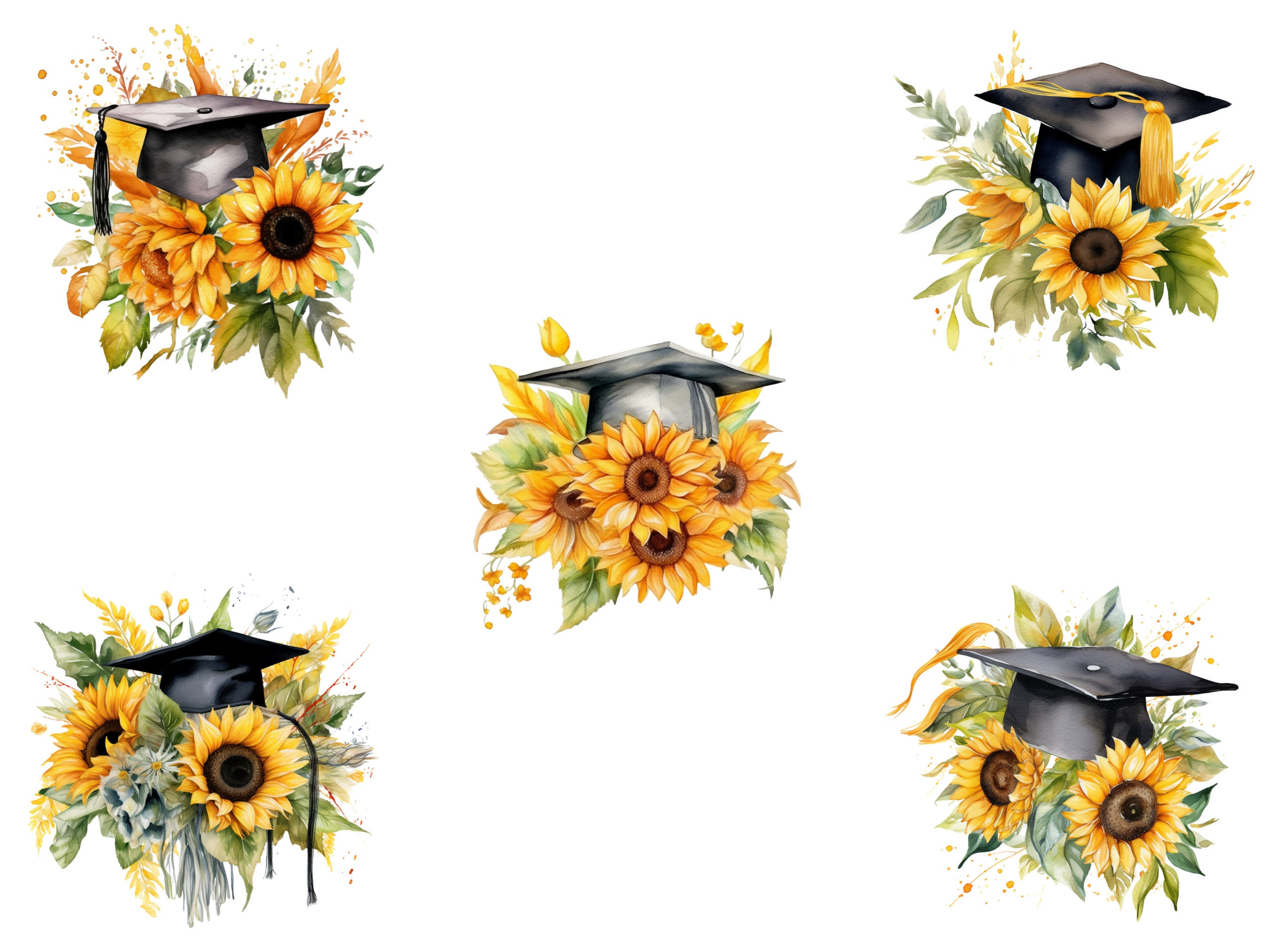 Watercolor Sunflower Graduation Cap Clipart Bundle Graduation Digital ...