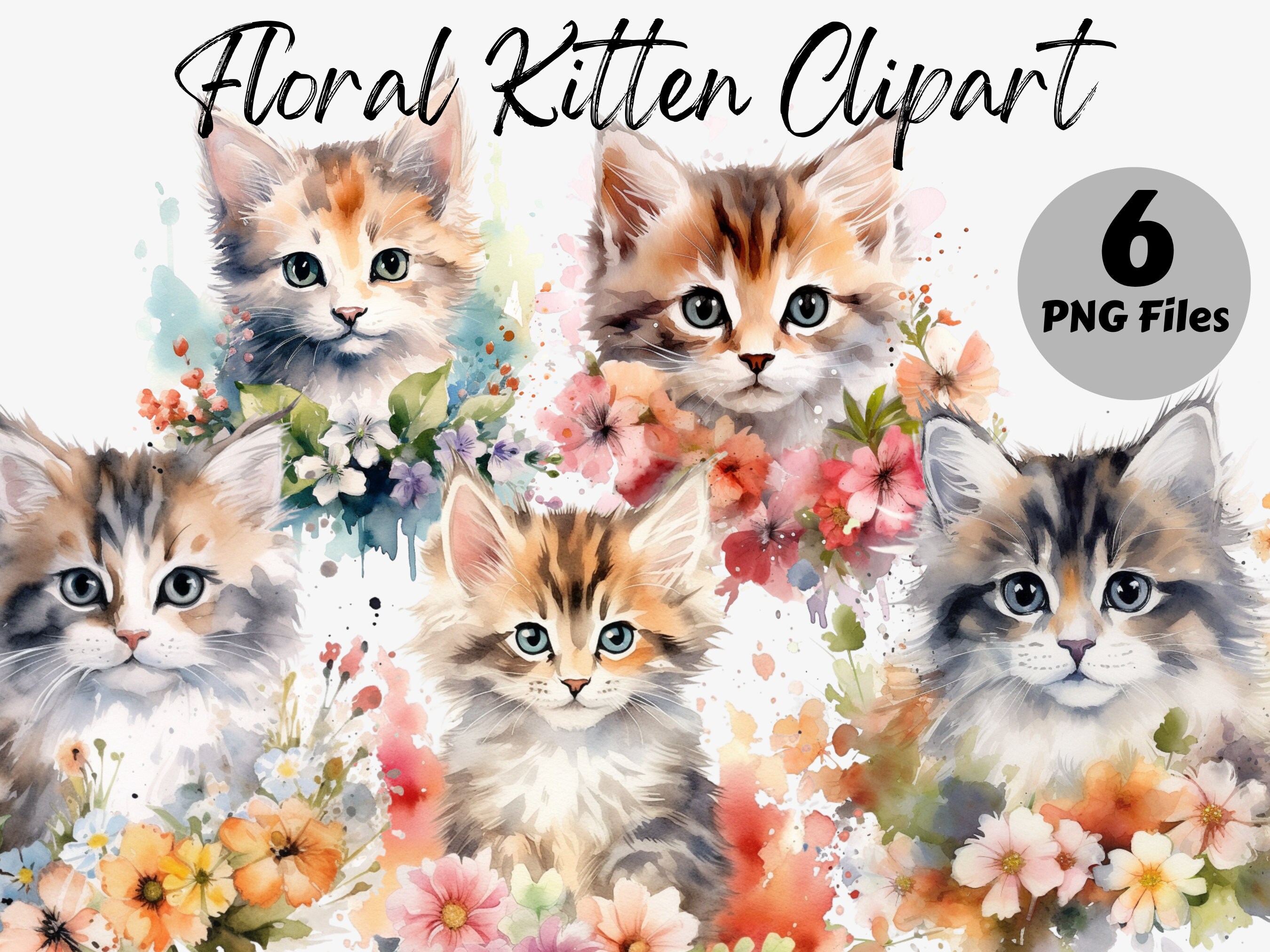Watercolor Floral Kitten Clipart Sublimation Kitten PNG - Etsy
