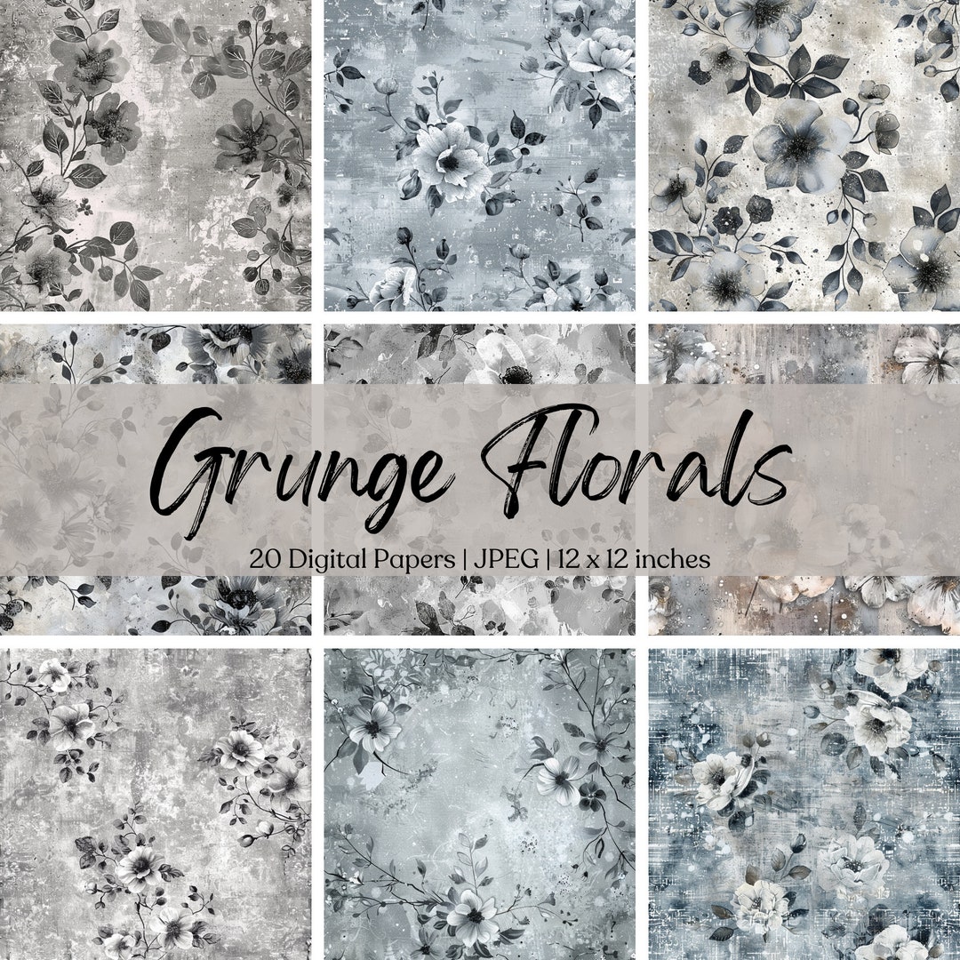 Grey Grunge Floral Digital Printable Paper Faded Shabby Chic Digital ...