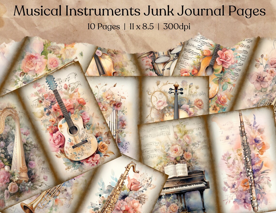 Musical Instruments Printable Paper | Junk Journal Pages | Music Notes ...