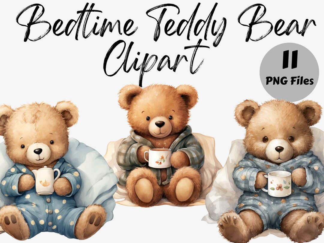 Watercolor Bedtime Teddy Bear PNG Clipart Bundle | Sleepy Teddy Bear ...