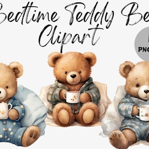 Watercolor Bedtime Teddy Bear PNG Clipart Bundle | Sleepy Teddy Bear ...