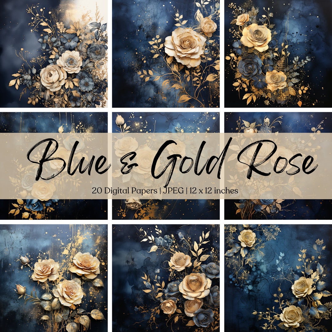 Blue and Gold Rose Printable Digital Paper Pack | Background | Card ...
