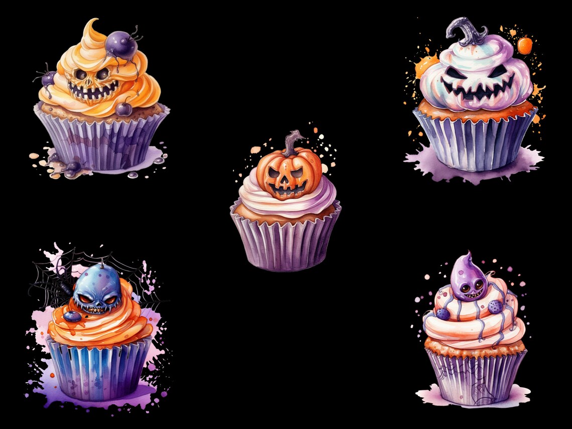 Watercolor Halloween Cupcake Clipart Bundle Halloween - Etsy