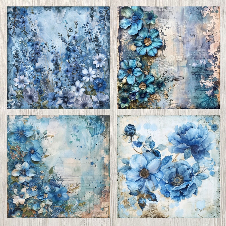 Blue Floral Printable Digital Paper Pack | Flower Background | Card ...
