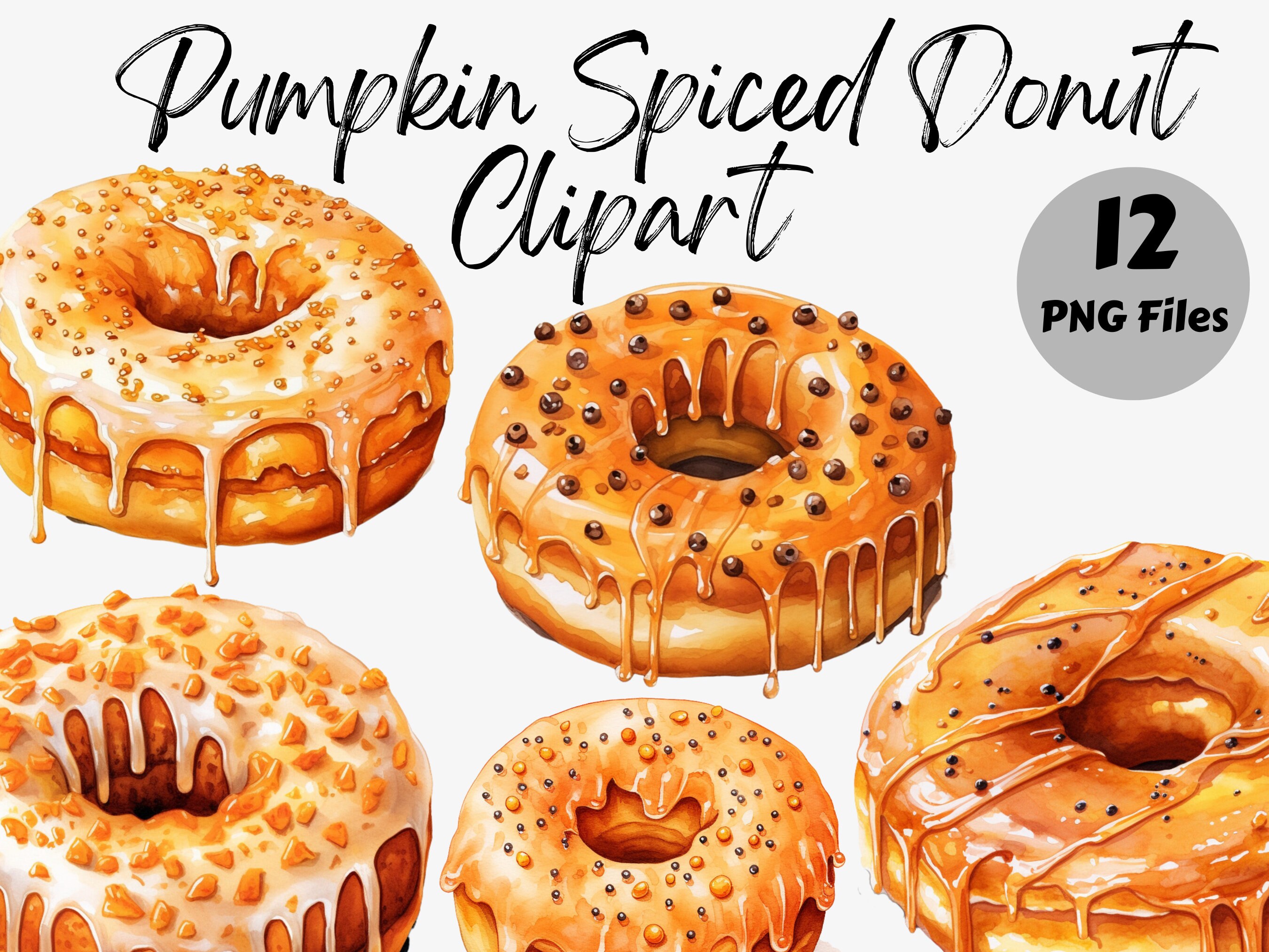Watercolor Pumpkin Spiced Donut PNG Clipart Bundle Halloween Donuts ...