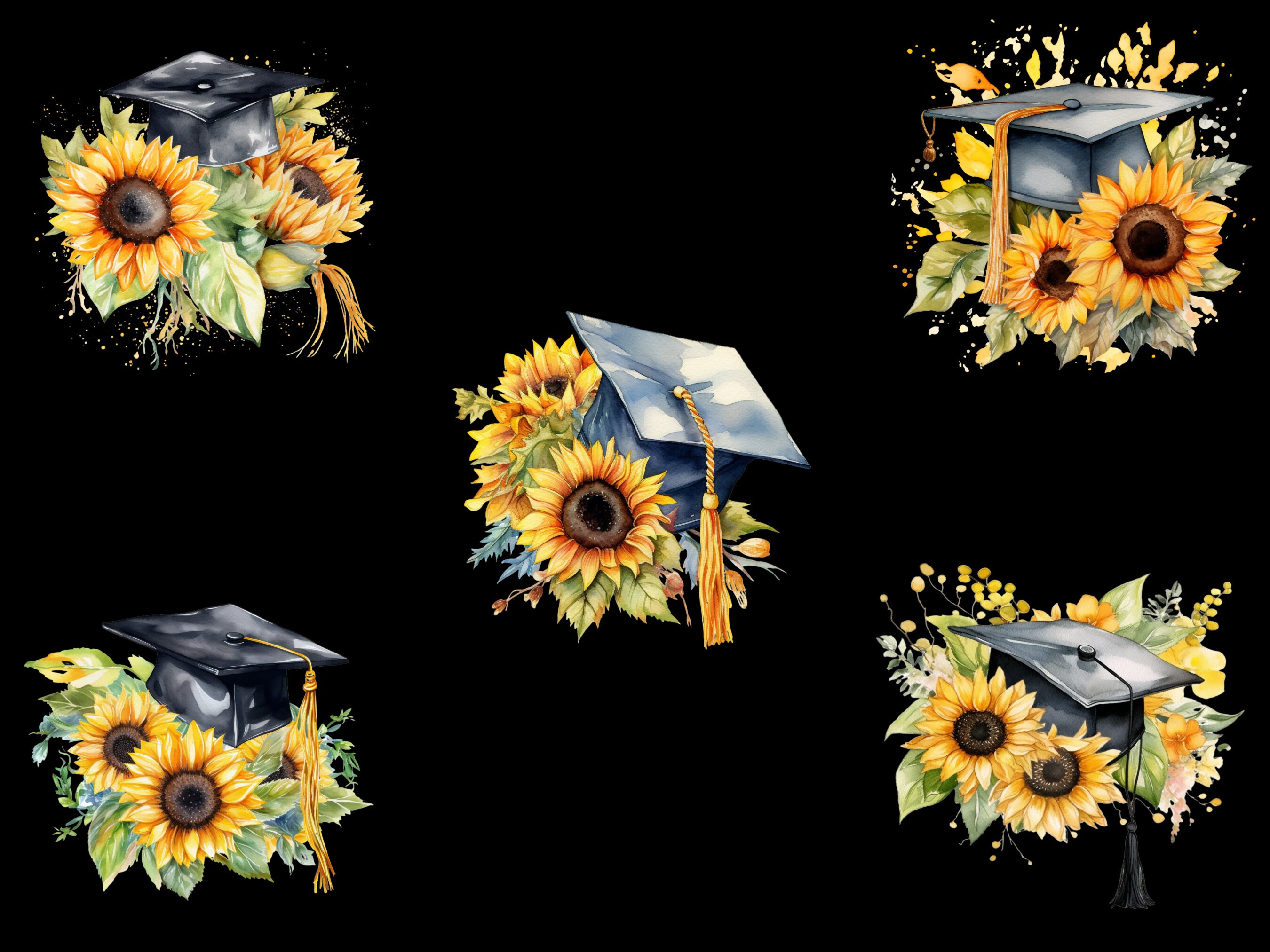 Watercolor Sunflower Graduation Cap Clipart Bundle Graduation Digital ...