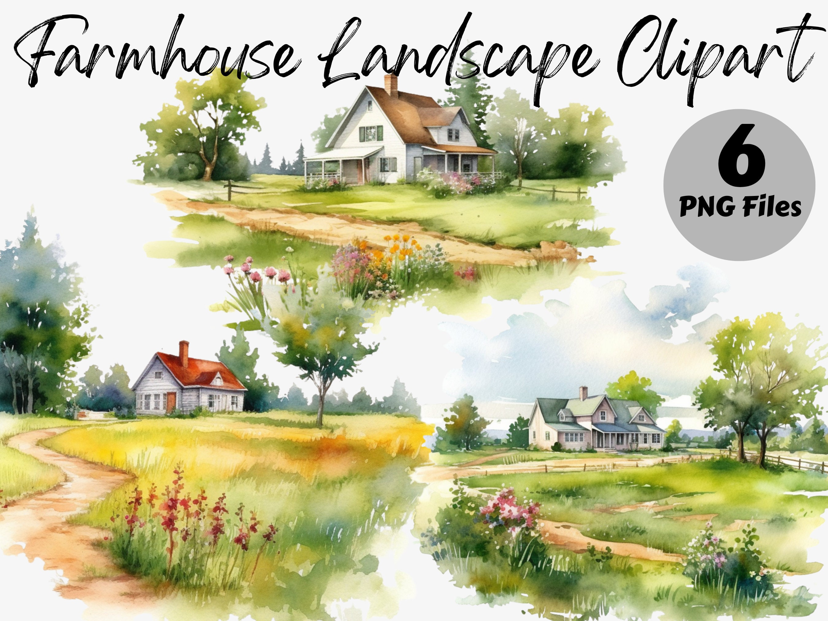 Watercolor Farmhouse Landscape Clipart Bundle | Farmhouse Digital ...