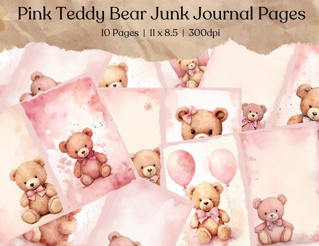 Teddy Bear Junk Journal Pages Pink Nursery Scrapbook Paper Cute Bear ...