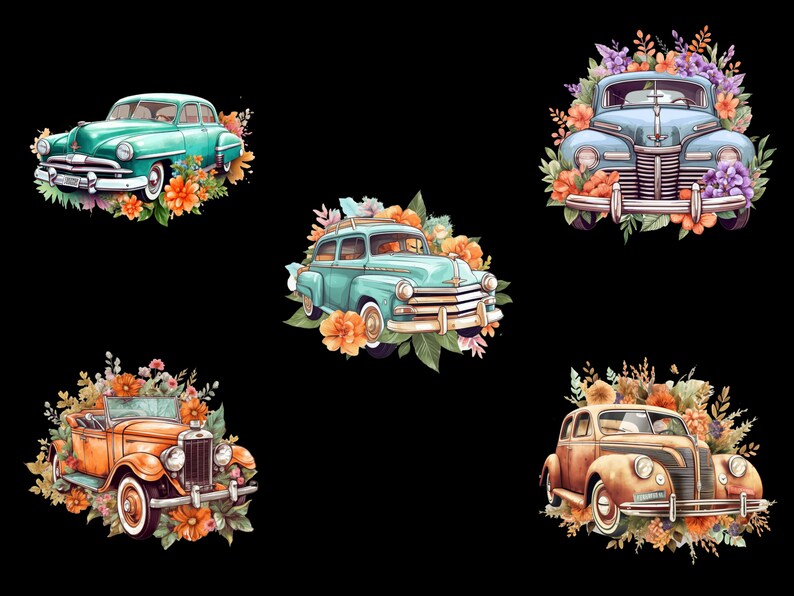 Watercolor Floral Vintage Car Clipart Bundle Vintage Car - Etsy