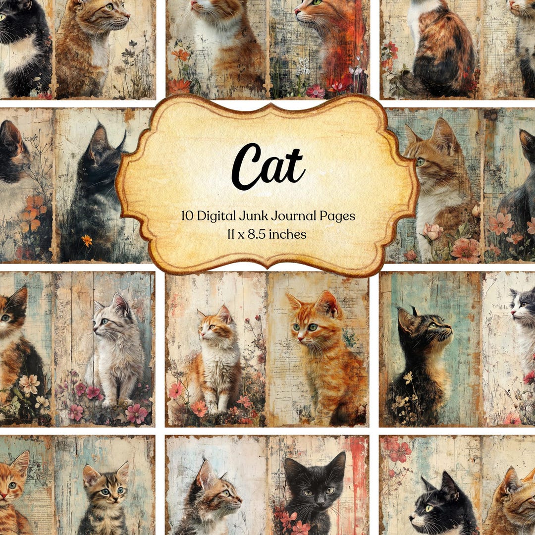 Cat Junk Journal Page Bundle Printable Pet Scrapbooking Paper Animal ...