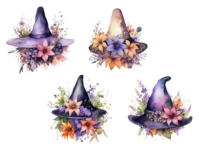 Watercolor Floral Witches Hat Clipart Bundle Floral Digital - Etsy