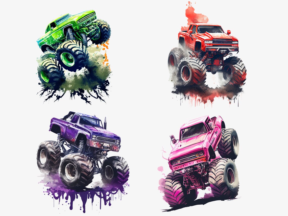 Watercolor Monster Truck Clipart Bundle | Monster Truck Digital Images ...