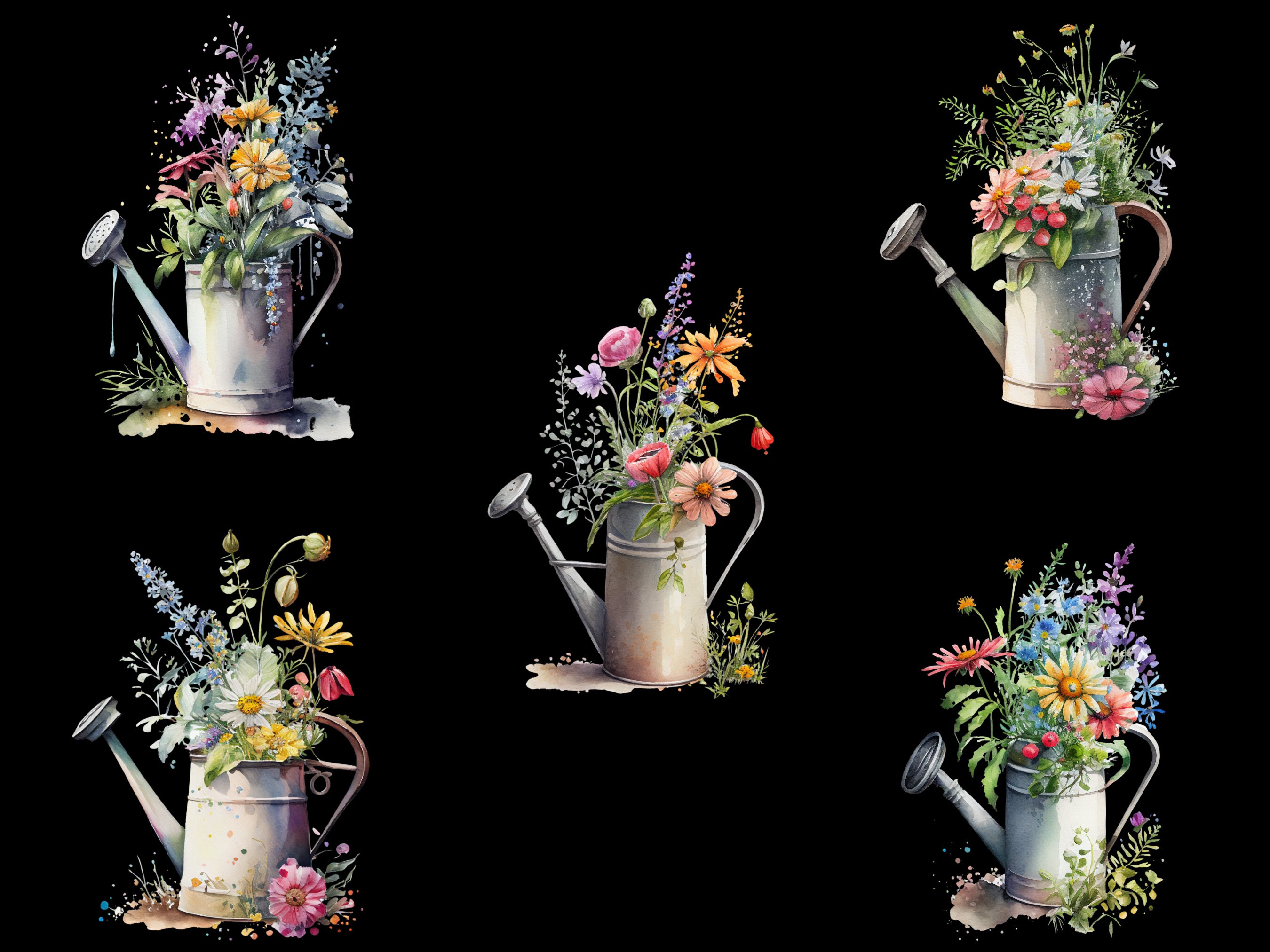 Watercolor Floral Watering Can Clipart Bundle Floral Watering Can ...