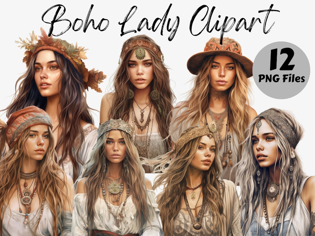 Watercolor Boho Lady PNG Clipart Bundle | Bohemian Lady | Bohemian ...
