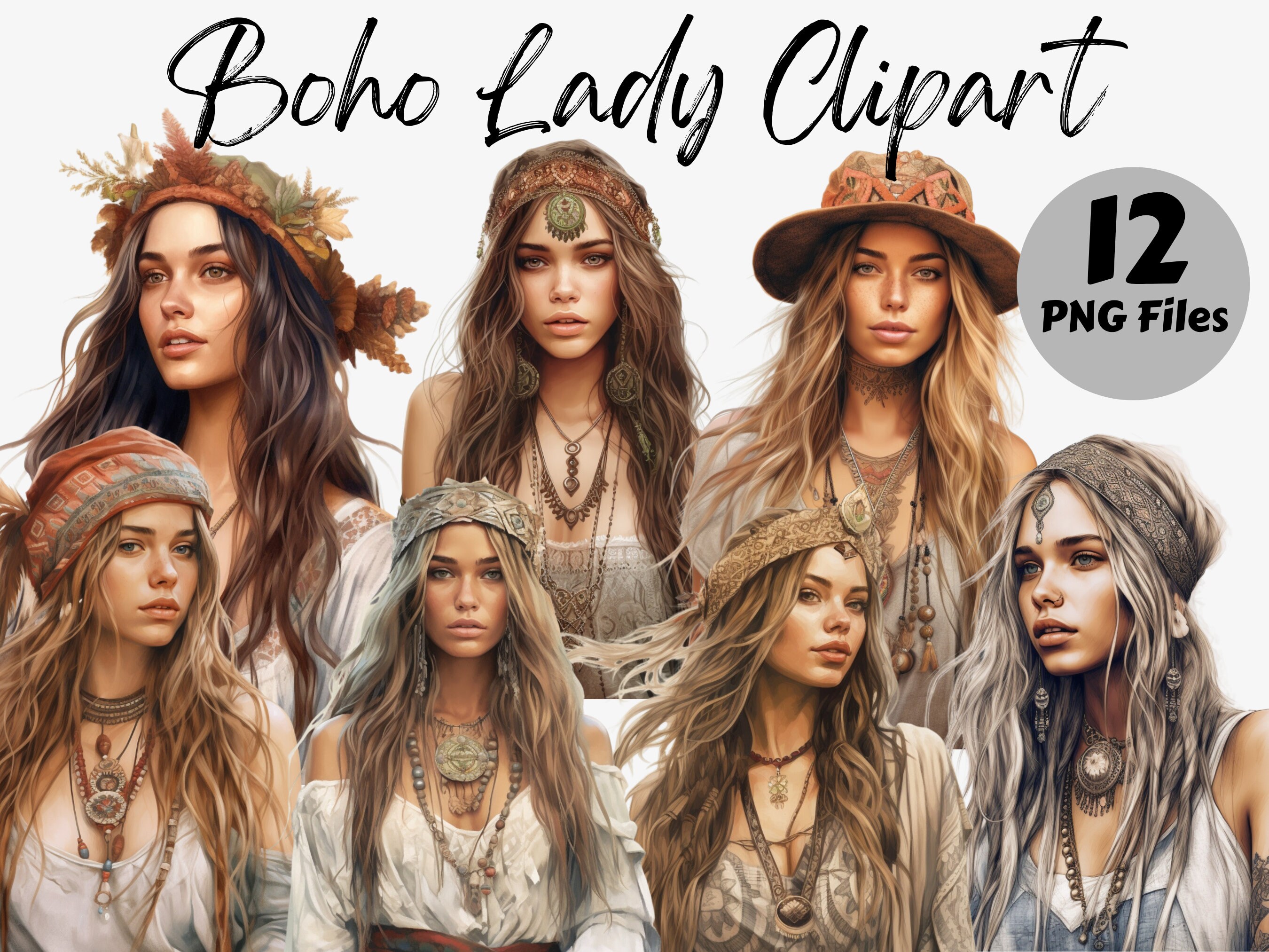 Watercolor Boho Lady PNG Clipart Bundle | Bohemian Lady | Bohemian ...