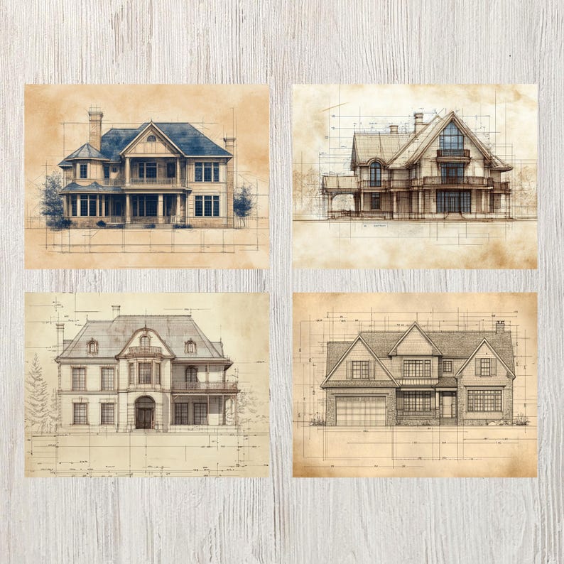 Vintage House Blueprint Junk Journal Kit | Printable Architecture ...
