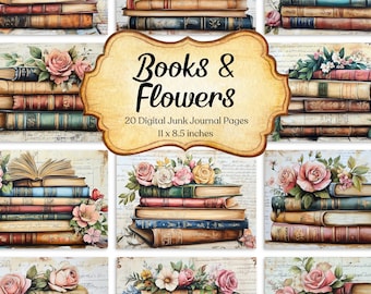 Floral Books Junk Journal Pages, Digital Scrapbook Paper Kit, Library ...