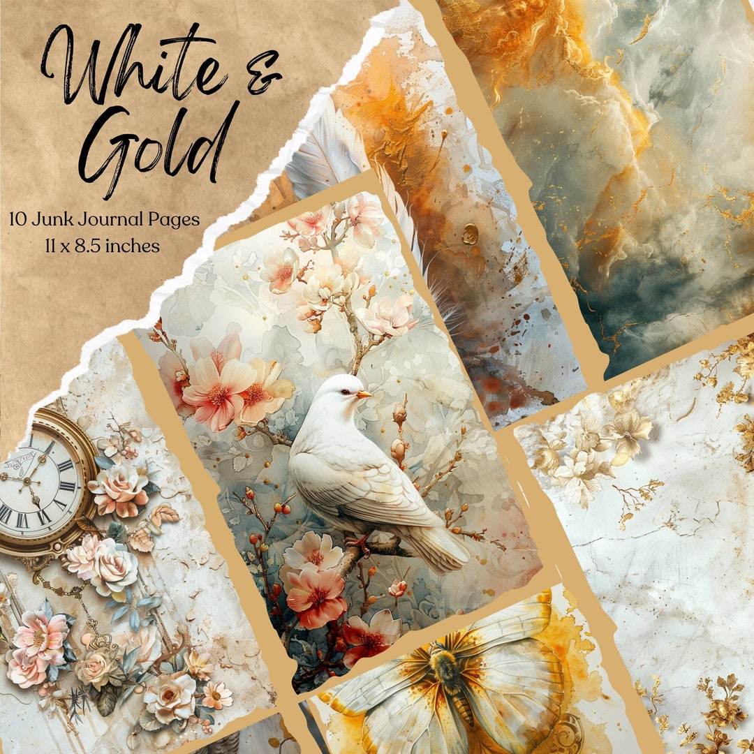 White and Gold Junk Journal Page Bundle | White and Gold Journal Pages ...