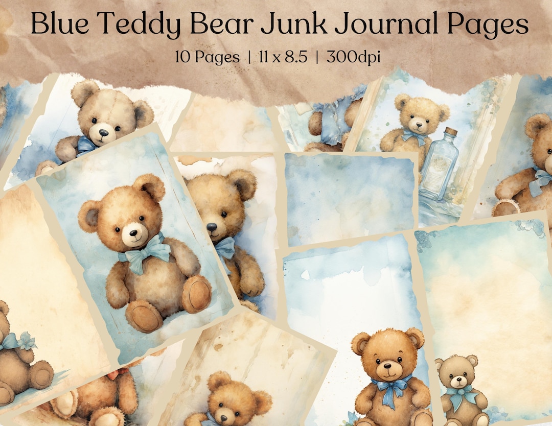 Teddy Bear Junk Journal Pages Blue Nursery Scrapbook Paper Cute Bear ...