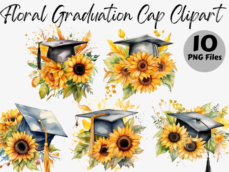 Watercolor Sunflower Graduation Cap Clipart Bundle Graduation Digital ...